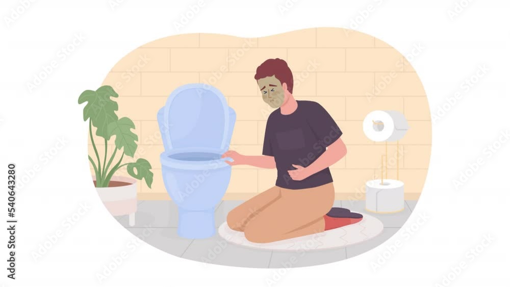 Animated isolated man with nausea. Sick person vomiting in toilet ...