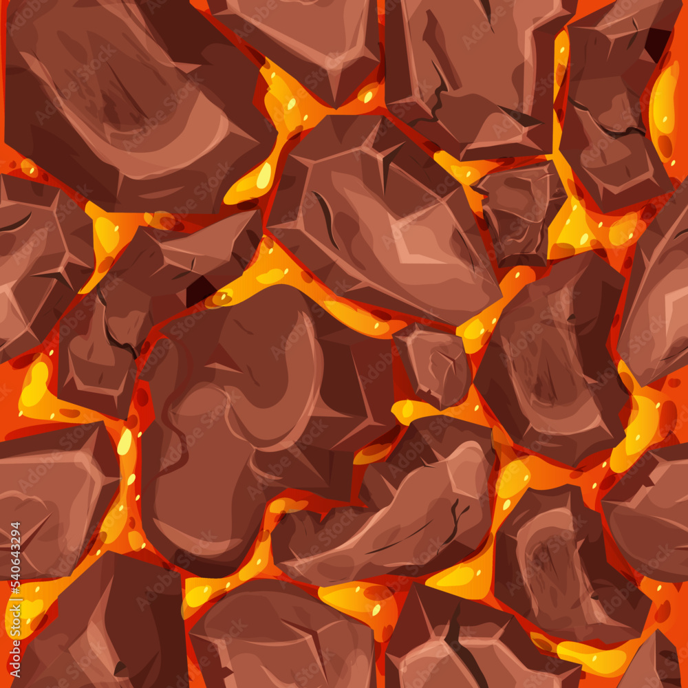 Lava, magma with stones in cartoon style seamless pattern background. Eruption effect, landscape ...