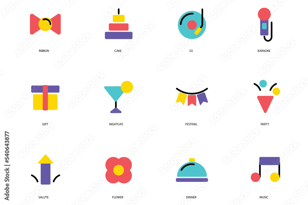 Party set of flat icons concept in the flat cartoon design. Attributes ...