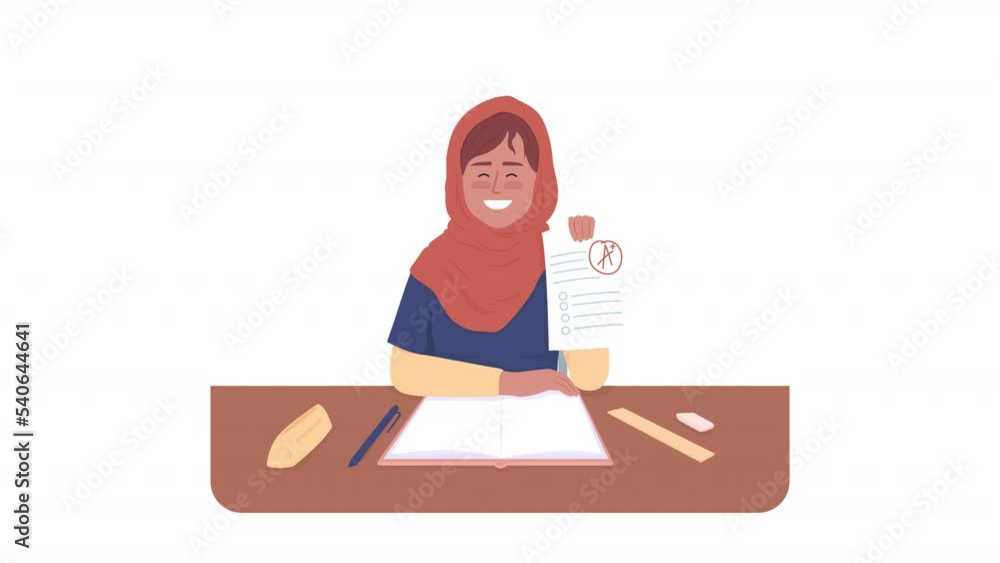 Animated top student girl character. Smiling pupil with test. Full body ...