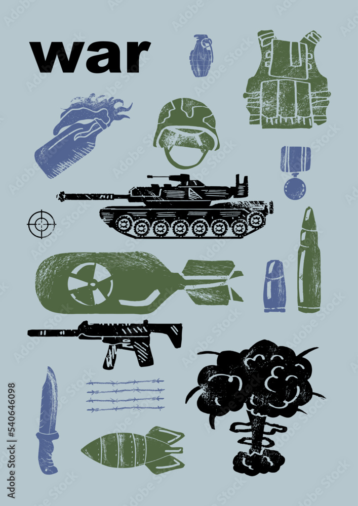 Military engraving, ink style set (knife, handgun, bomb, bullet, gas ...