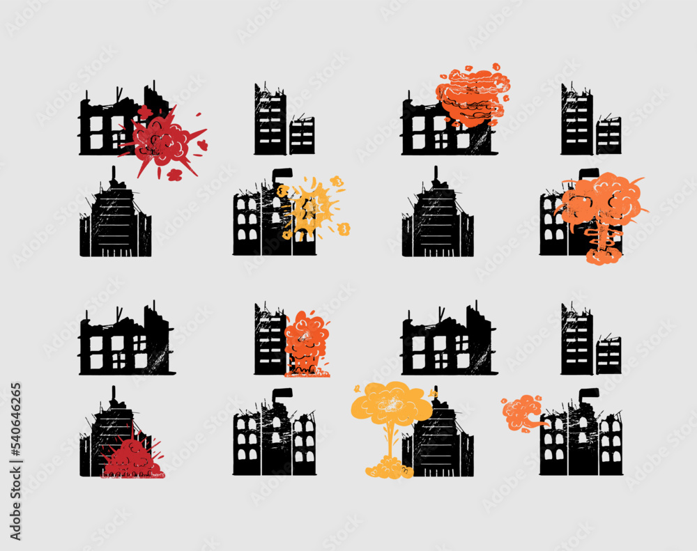 Old ruined silhouette, abandoned and collapsed buildings set. Apartment ...