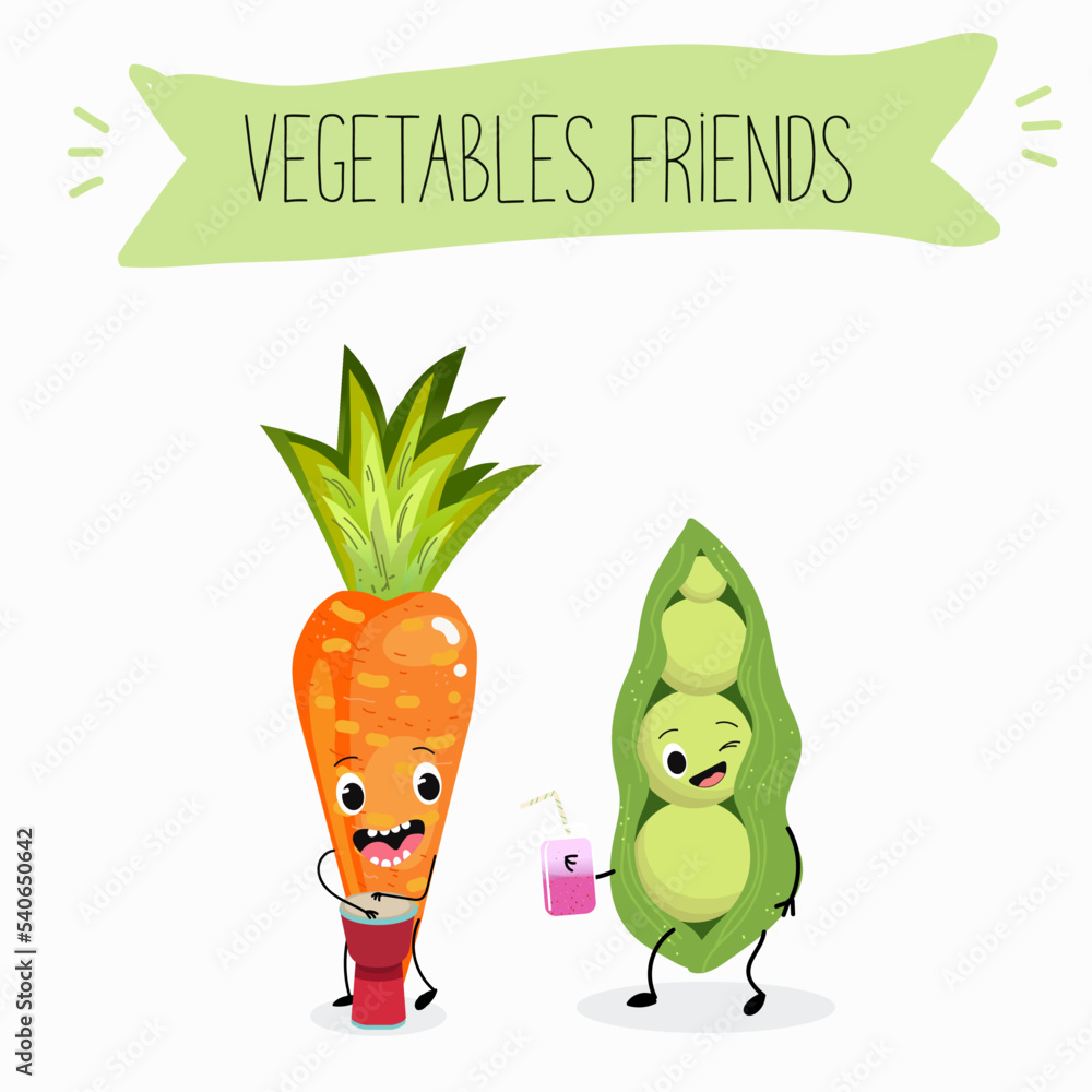 Vector illustration best friends vegetables carrots and peas play the ...