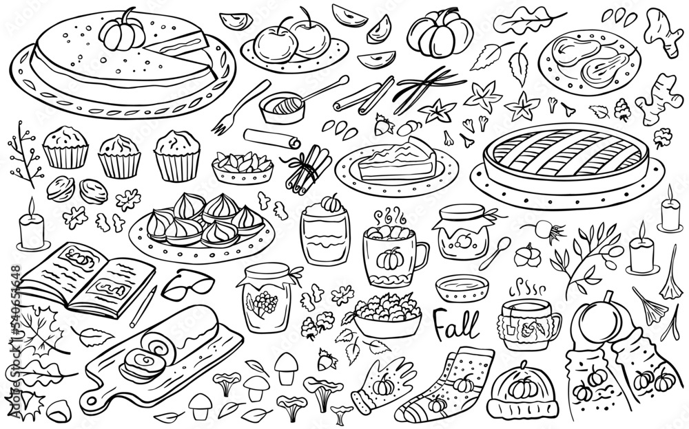 Autumn doodle set - sweet food, pumpkin pie, spices, cake, hot drink ...