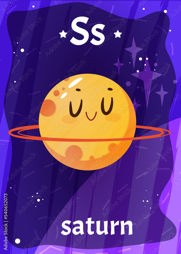 Printable space alphabet flashcard with letter S. Cartoon cute saturn ...