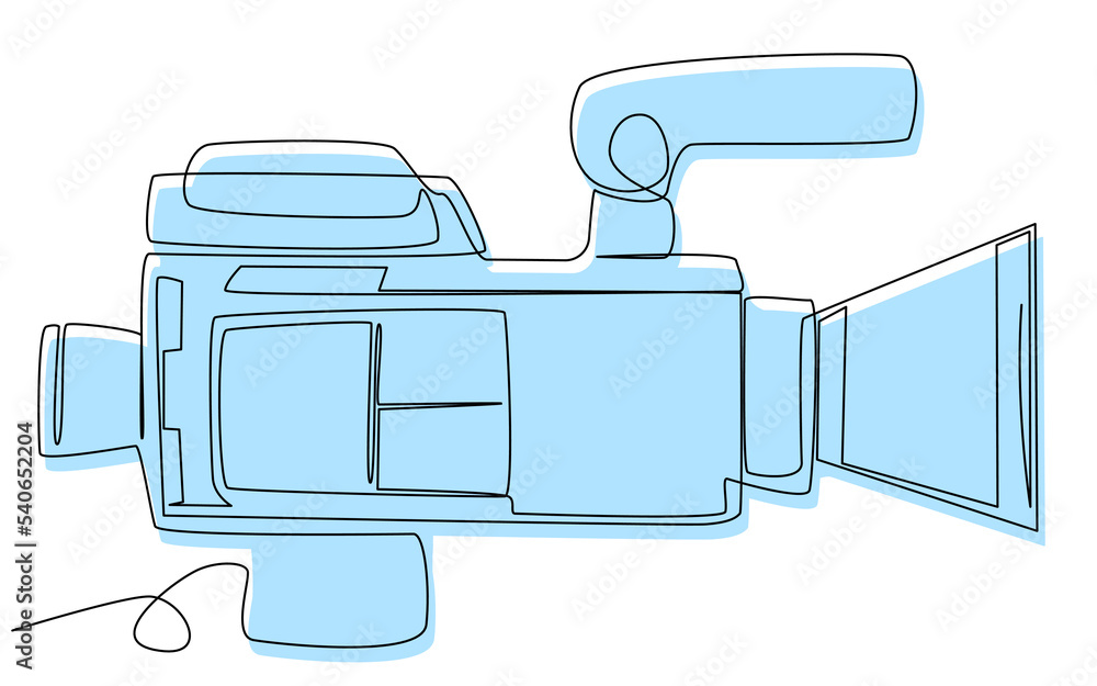 Movie camera in one line with a blue silhouette on a white background ...