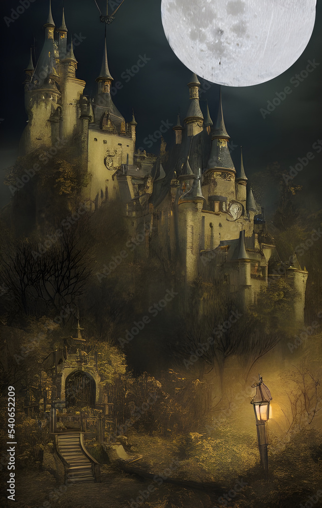 Fantasy castle on a full moon night. Stock Illustration | Adobe Stock