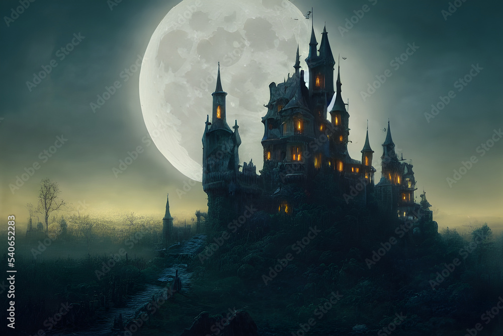 Fantasy castle on a full moon night. Stock Illustration | Adobe Stock
