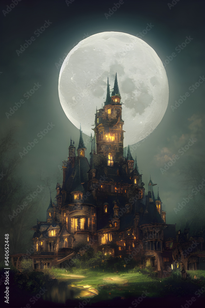 Fantasy castle on a full moon night. Stock Illustration | Adobe Stock