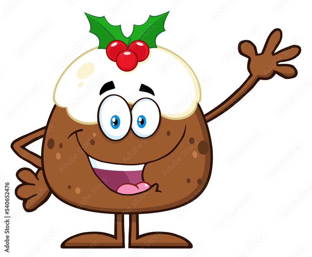 Happy Christmas Pudding Cartoon Character Waving. Hand Drawn ...