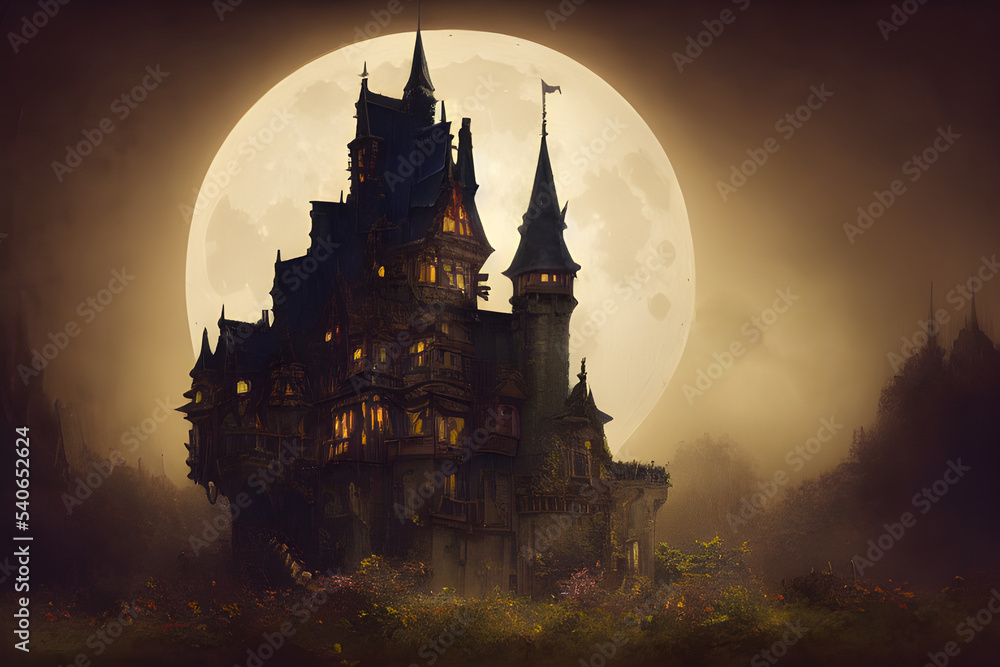 Fantasy castle on a full moon night. Stock Illustration | Adobe Stock