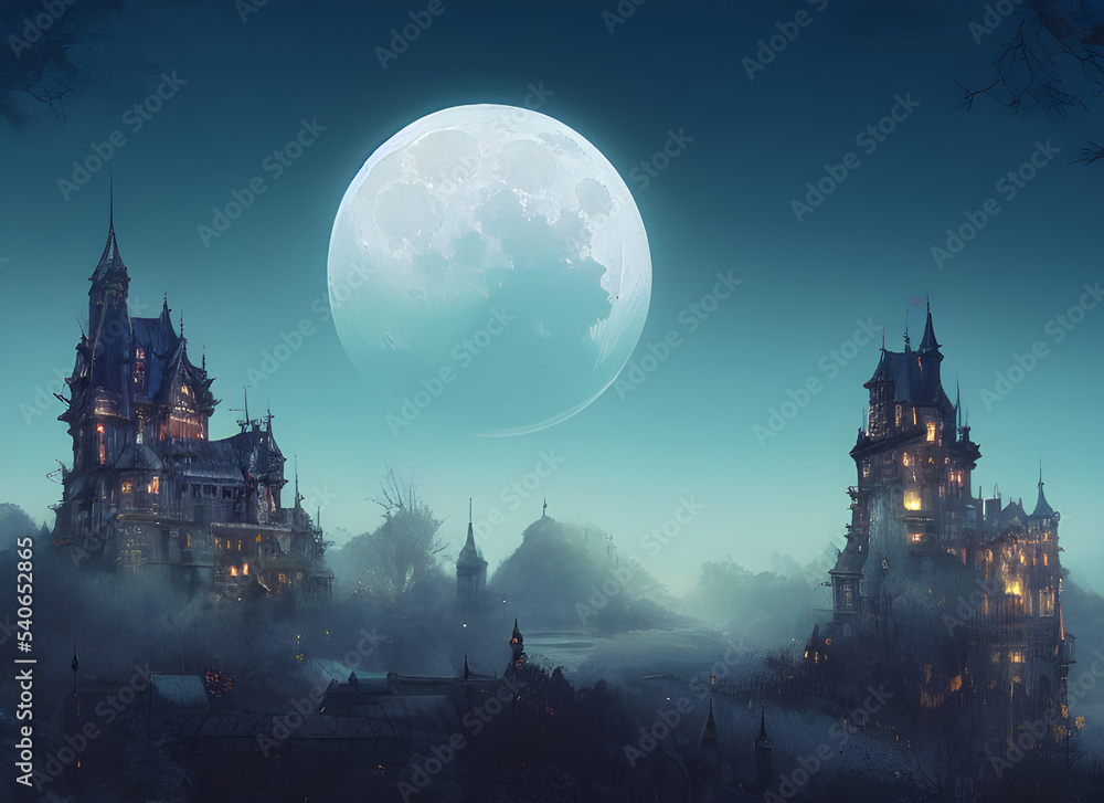 Fantasy castle on a full moon night. Stock Illustration | Adobe Stock