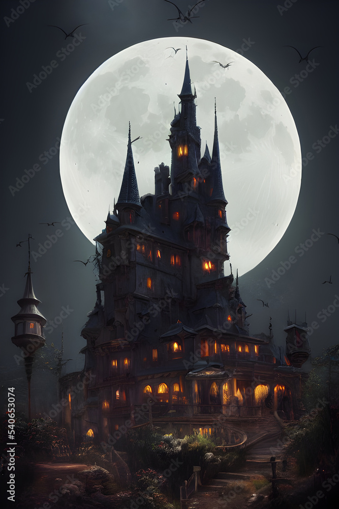 Fantasy castle on a full moon night. Stock Illustration | Adobe Stock