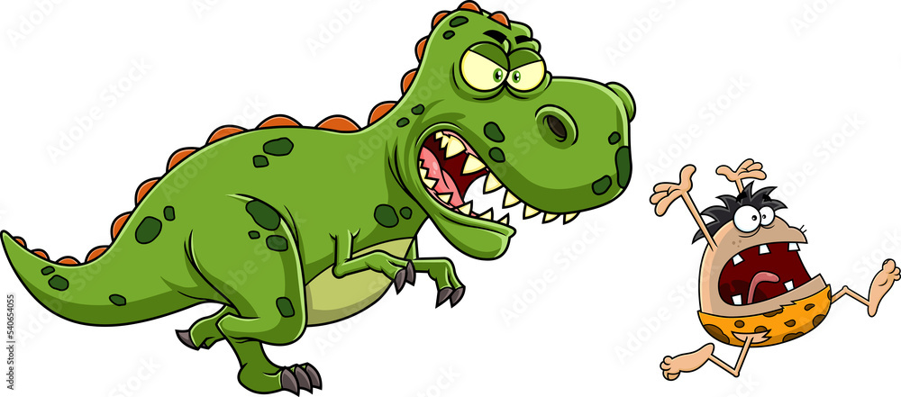 Angry Dinosaur Chasing A Caveman Cartoon Characters. Hand Drawn ...