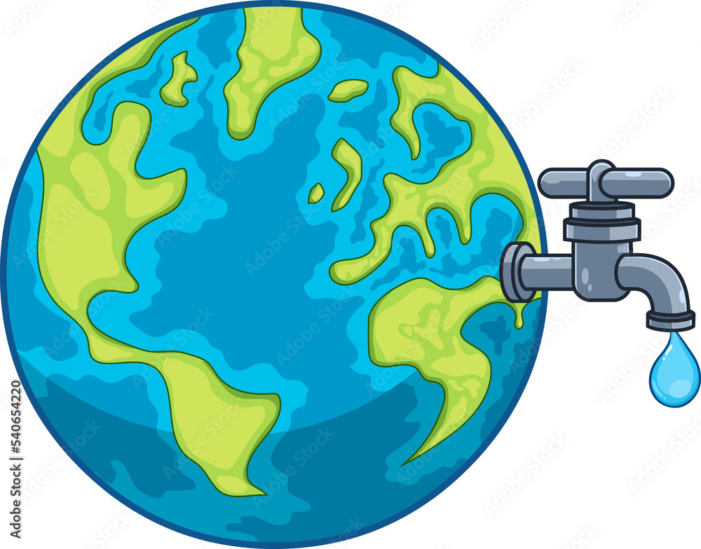 Cartoon Earth Globe With Faucet And Water Drop. Hand Drawn Illustration ...