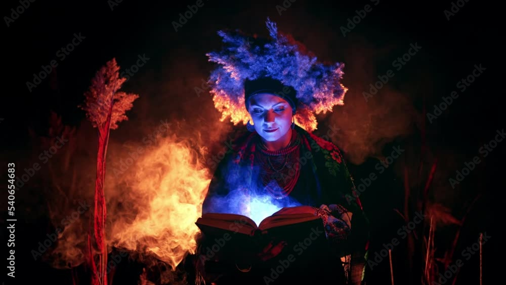 Ukrainian witch - woman reading magic steaming book in reeds at night ...