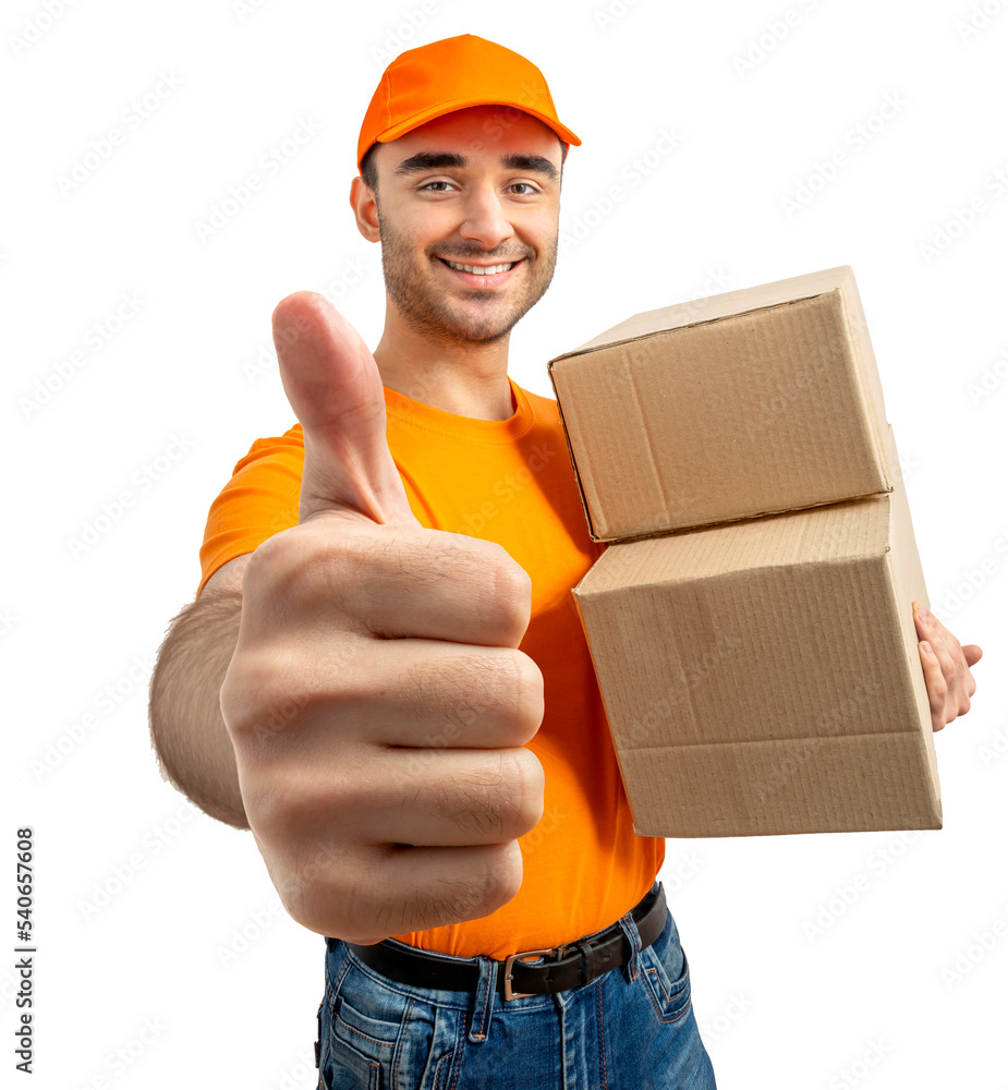 Delivery man with a box, thumb up. Courier in uniform cap and t-shirt ...