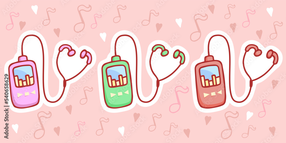 Cute hand-drawn set of MP3 players and earphones in doodle cartoon ...