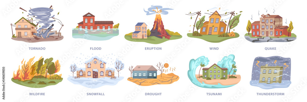 Disasters and natural catastrophes, flood and tornado, eruption and ...