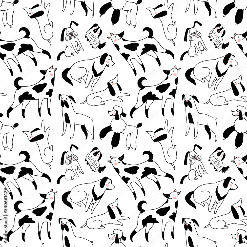 Black and white dog seamless pattern. Cute animals vector design for ...