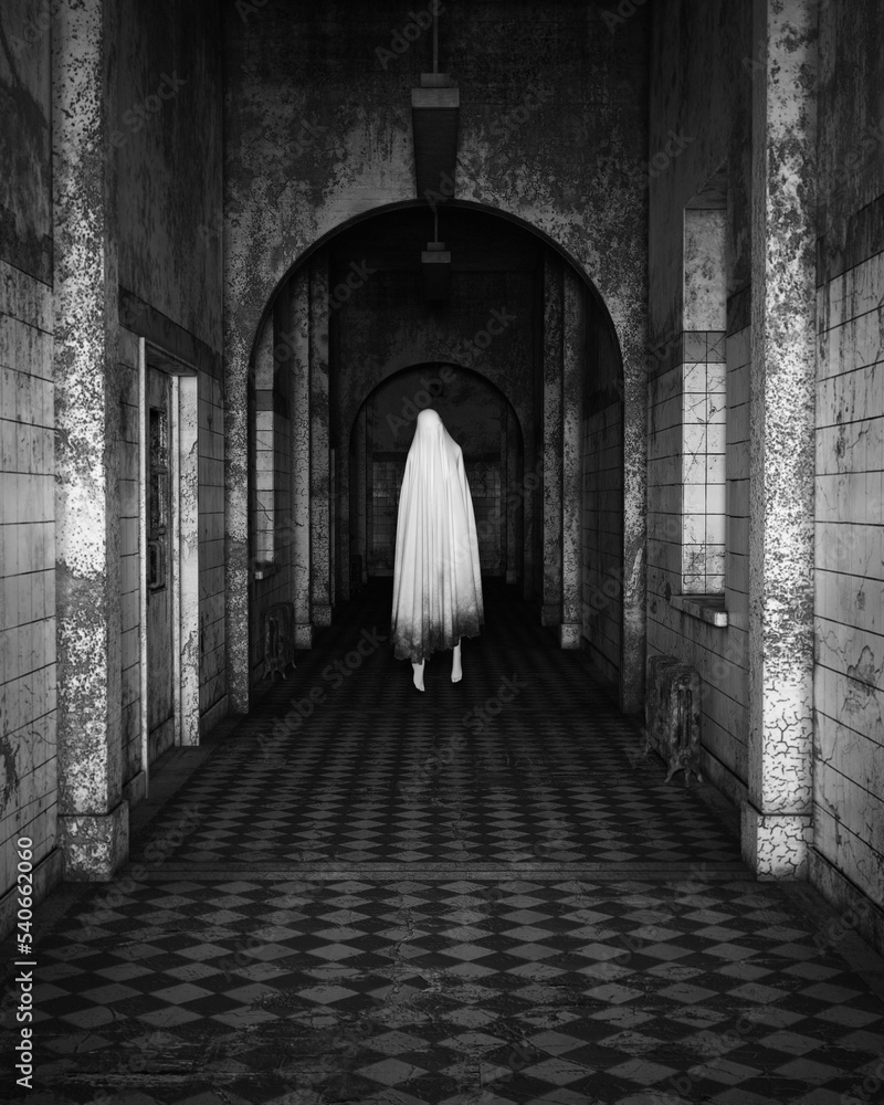 Floating Ghost in a Asylum Halloween Dark Black and White Film Grain ...