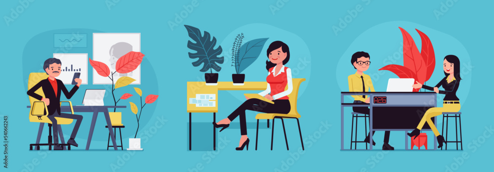 Business and lifestyle scene cartoon set. Businessman working at desk ...