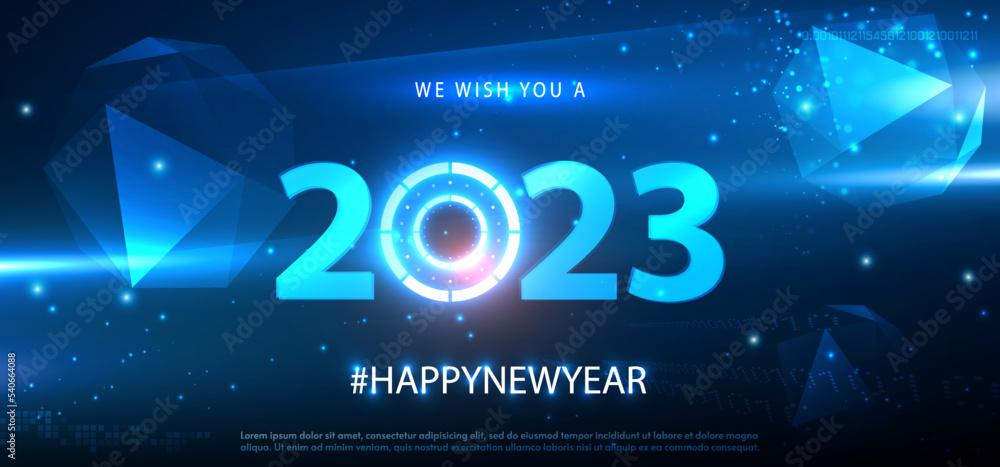 2023 Happy New Year vector holiday in technology sci fi background ...