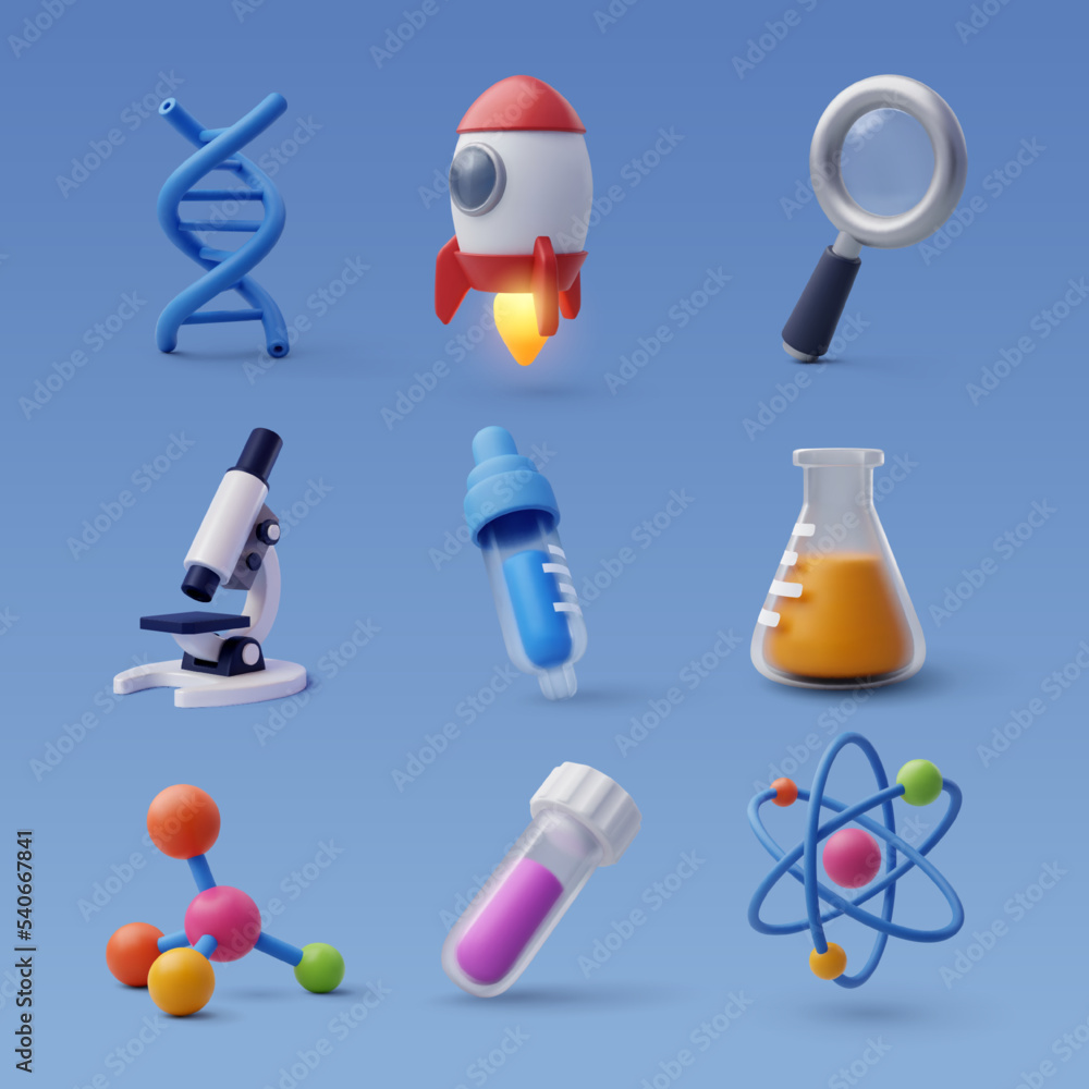 Vetor de Set of 3d Science icon, Science and technology concept. do ...
