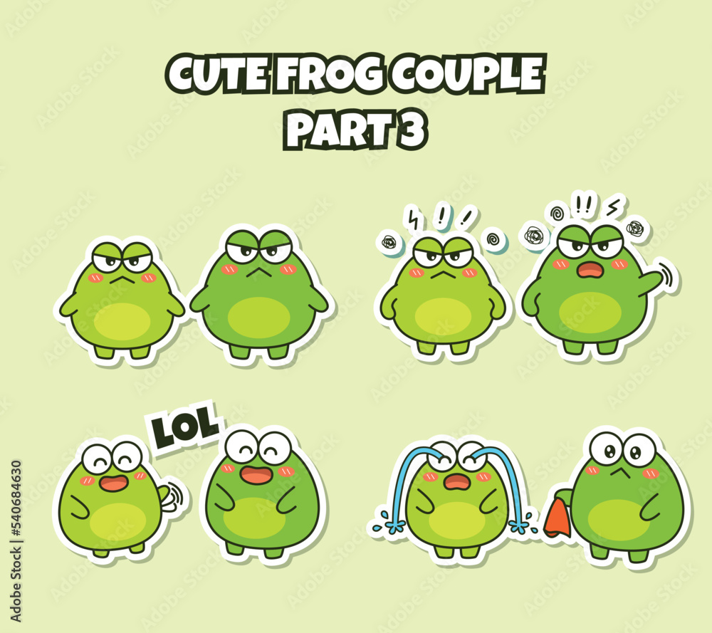 Set of cute kawaii couple little frog sticker emoji angry laughing out ...