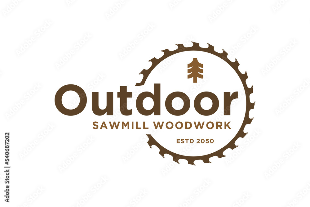 Timber carpentry logo design pine tree with circular saw element simple ...