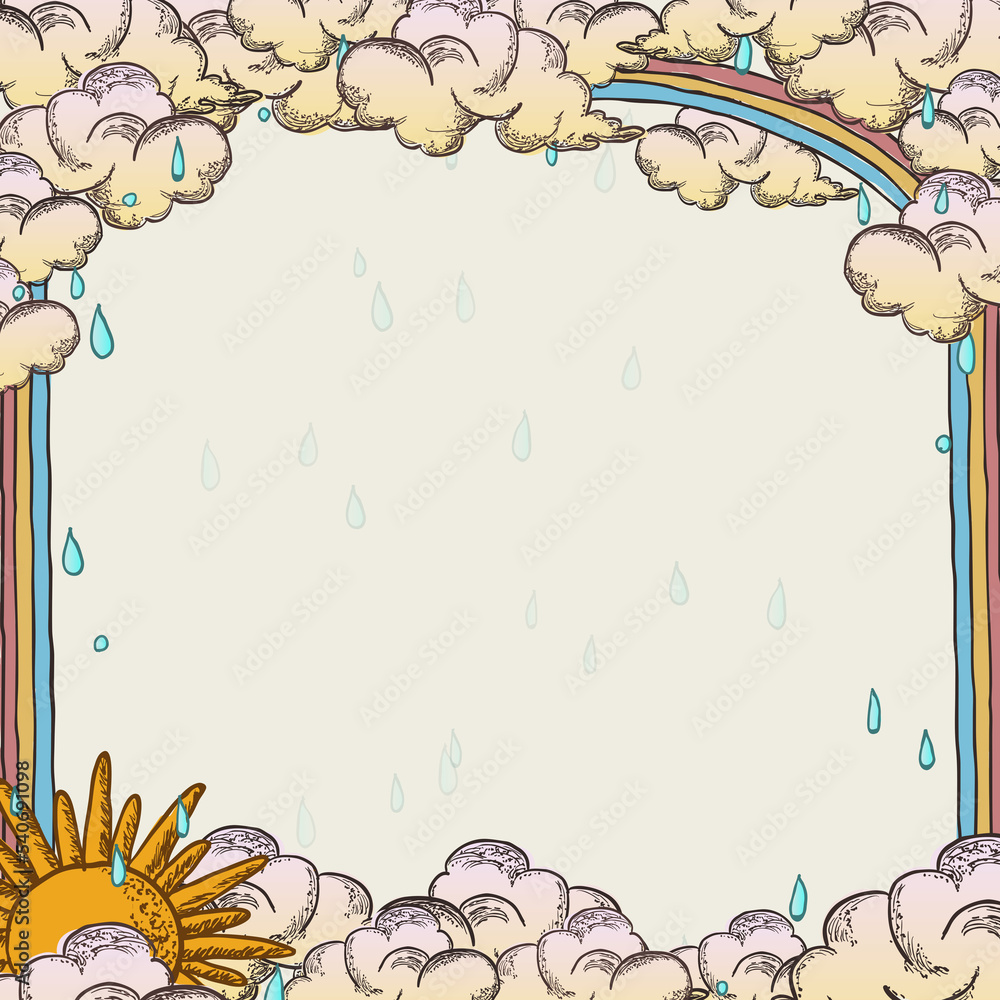 Background image hand drawn style weather cloud rainbow and sun memo ...