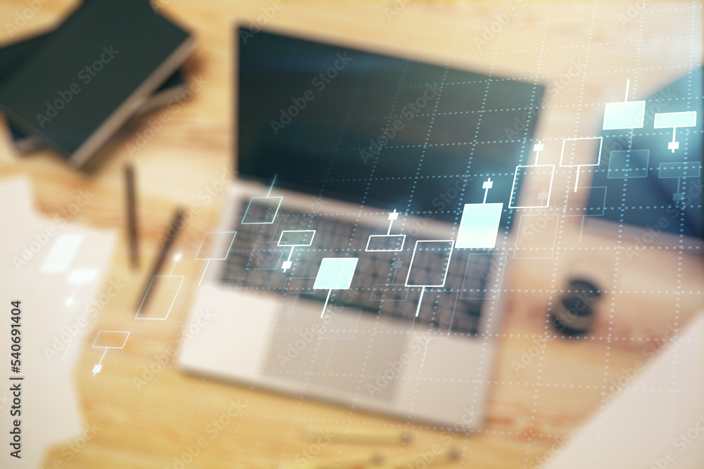 Double exposure of abstract creative financial chart on modern laptop ...