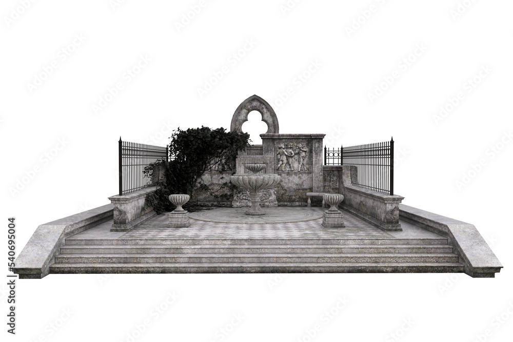 Gothic courtyard with stone arch and fountain with steps in front and ...