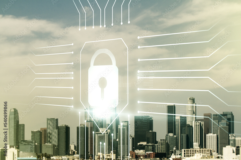 Virtual creative lock symbol and microcircuit illustration on Los ...