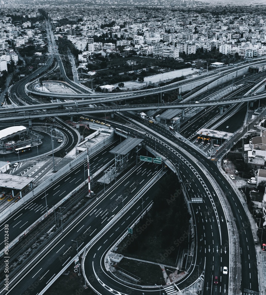 Vertical aerial view of an empty intersection with crossing roads in ...