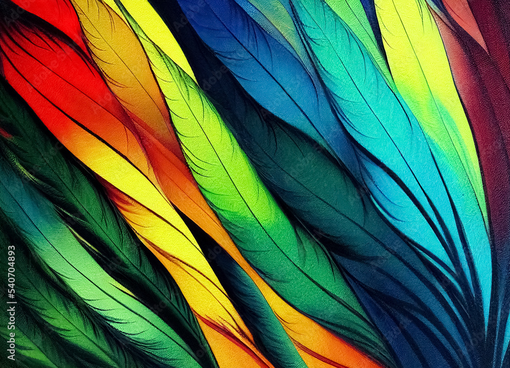 Colorful feathers background, digital painting with texture. Created ...