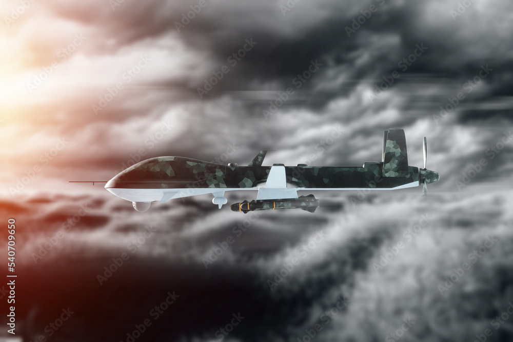 A military combat drone UAV is on duty in the sky. Modern aircraft ...