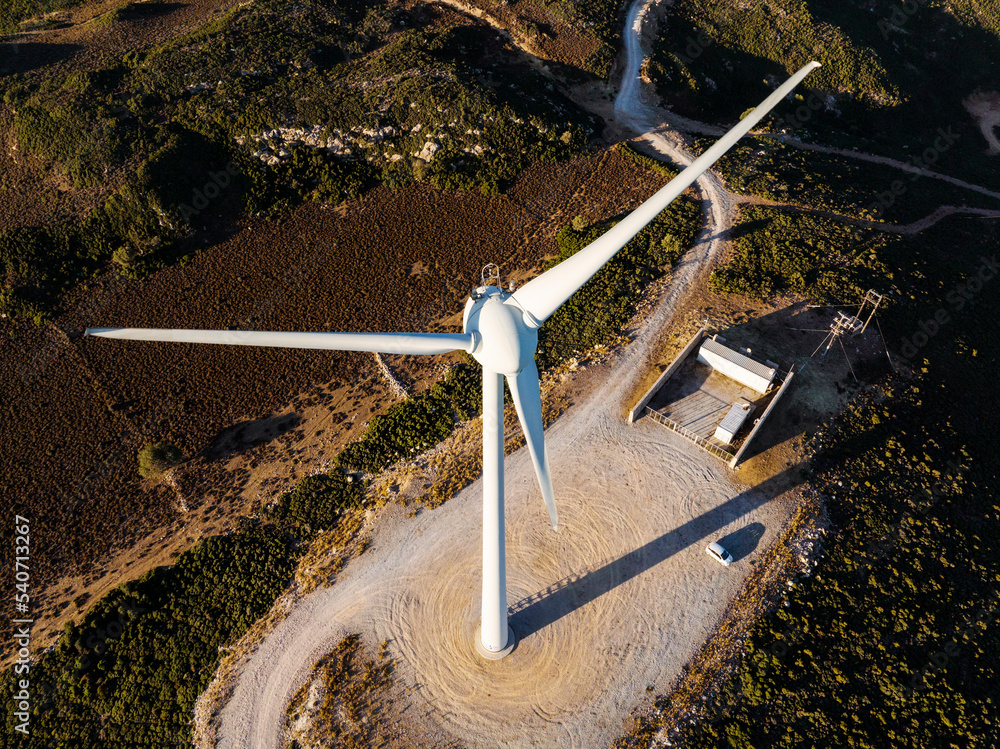 Greece, Aegean, Kos, Aerial view of hilltop wind turbine Stock Photo ...