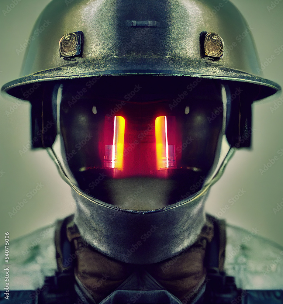 3d rendering of retro futurist soldier with reflective face mask and ...