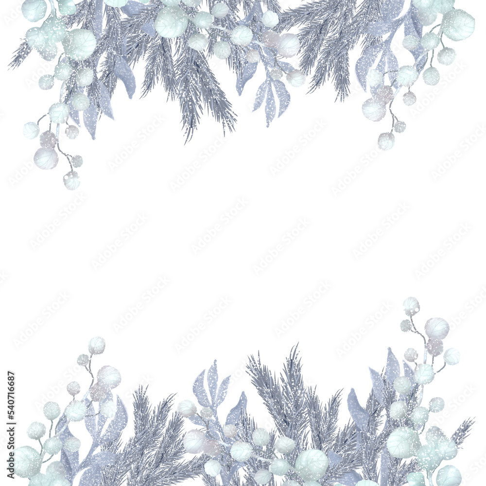 Winter border blue floral with snow, hand drawing Stock Illustration ...