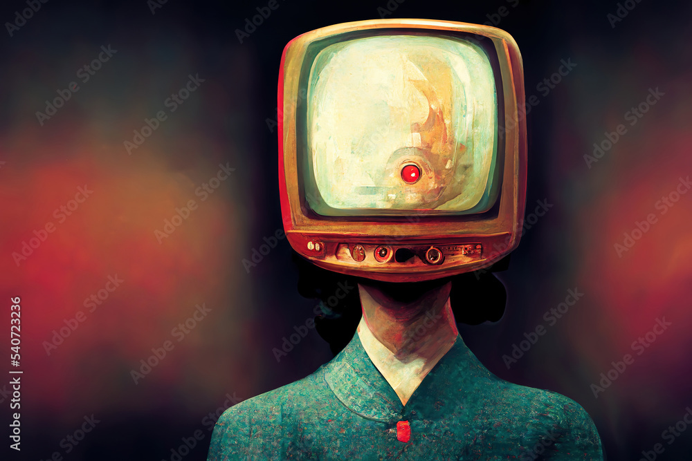 Human with TV instead head over dark background. Mass media addiction ...