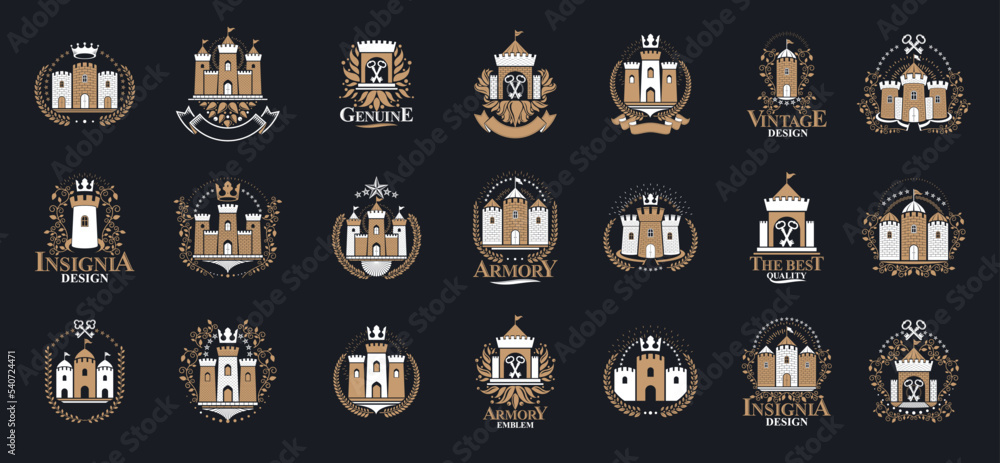 Fortresses emblems vector emblems big set, castles heraldic design ...