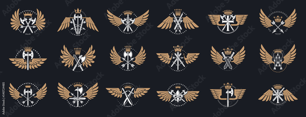 Weapon emblems vector emblems big set, heraldic design elements ...