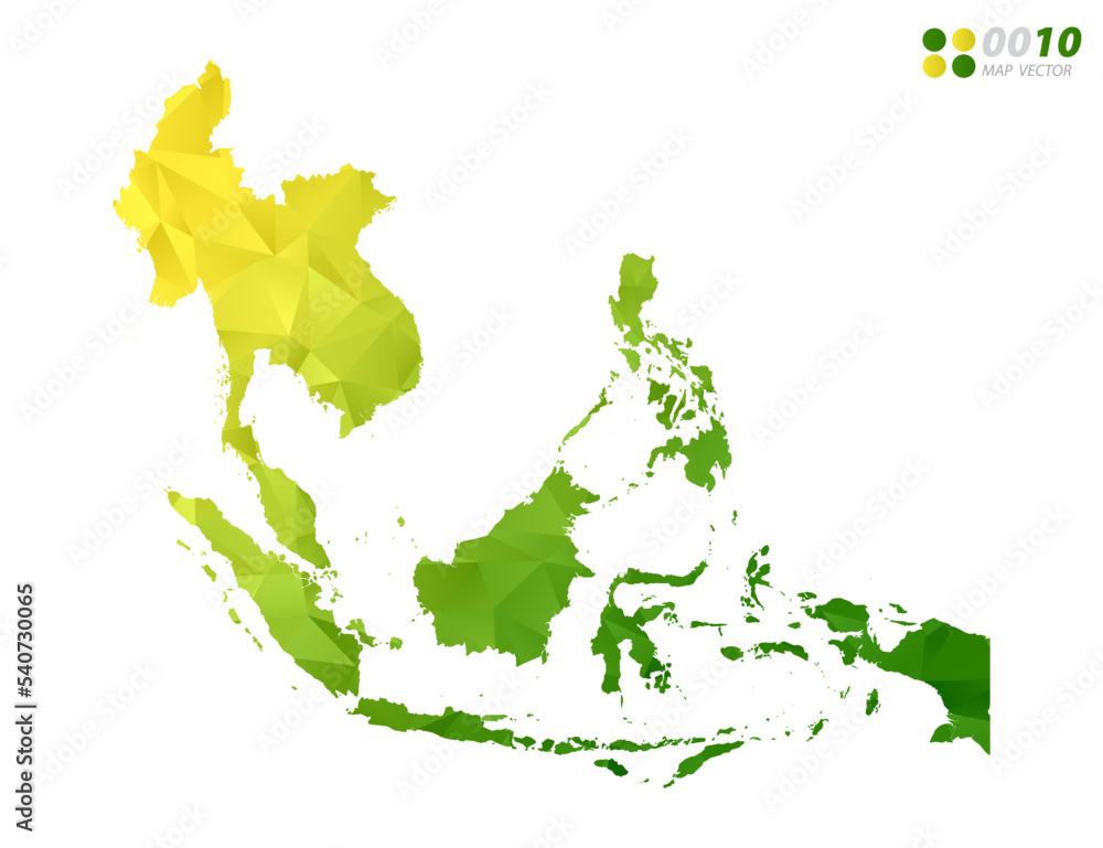 Vector Southeast Asia map green and yellow polygon triangle mosaic with ...