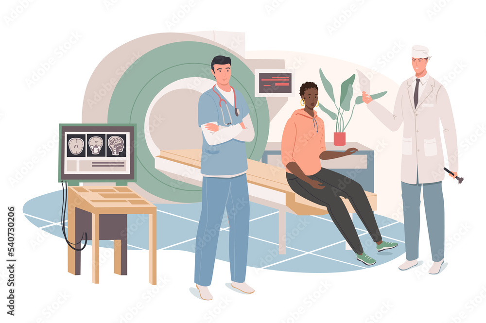 Medical office web concept. Doctor and nurse in mri room examining sick ...