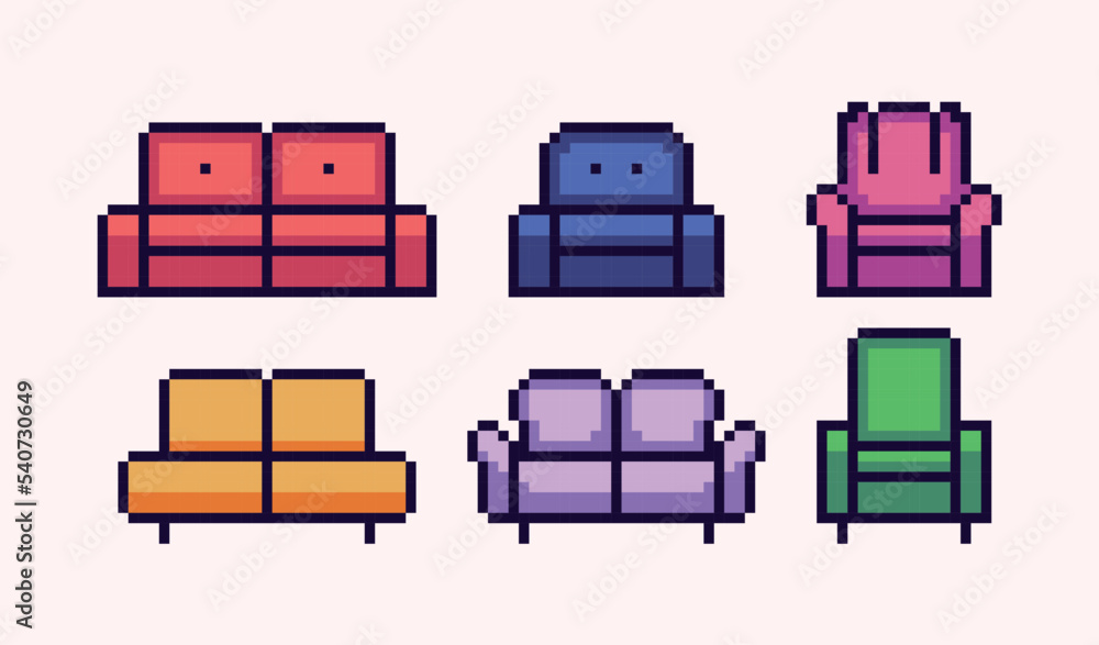Sofa, couch pixel art set. Living room furniture collection. Armchair 8 ...