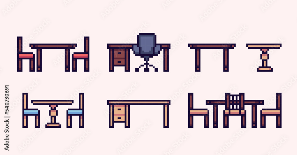 Table and chair pixel art set. Dining room, office furniture collection ...