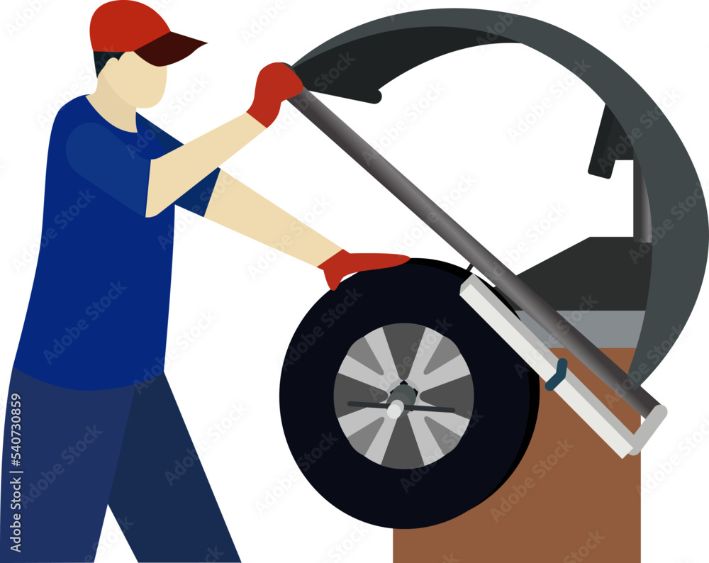 mechanic changing a wheel, wheel balancing machine vector illustration ...