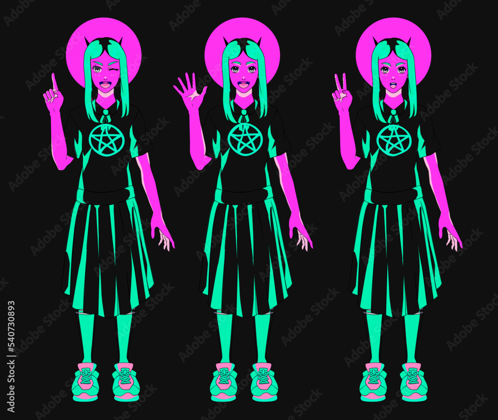Anime demon girl character in a black dress. Sprite sheet of a ...