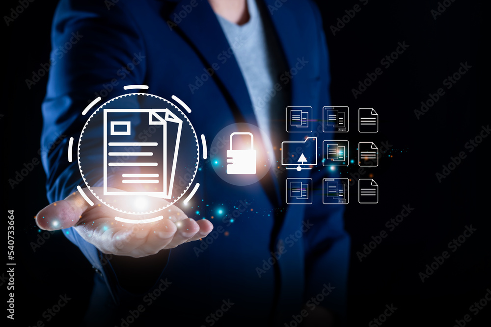 Businessman showing document icon to access information in online ...